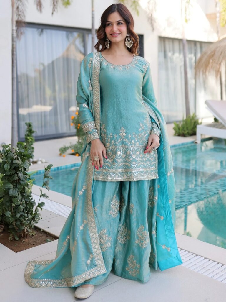 Adorable Sky Blue Zari Embroidered Crushed Function Wear Sharara Suit ...